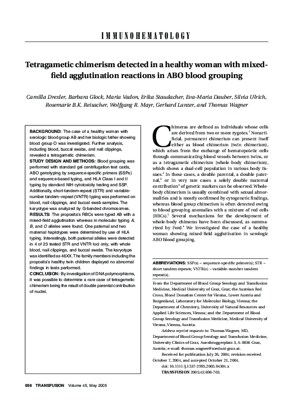 Tetragametic chimerism detected in a healthy woman with mixed-field ...