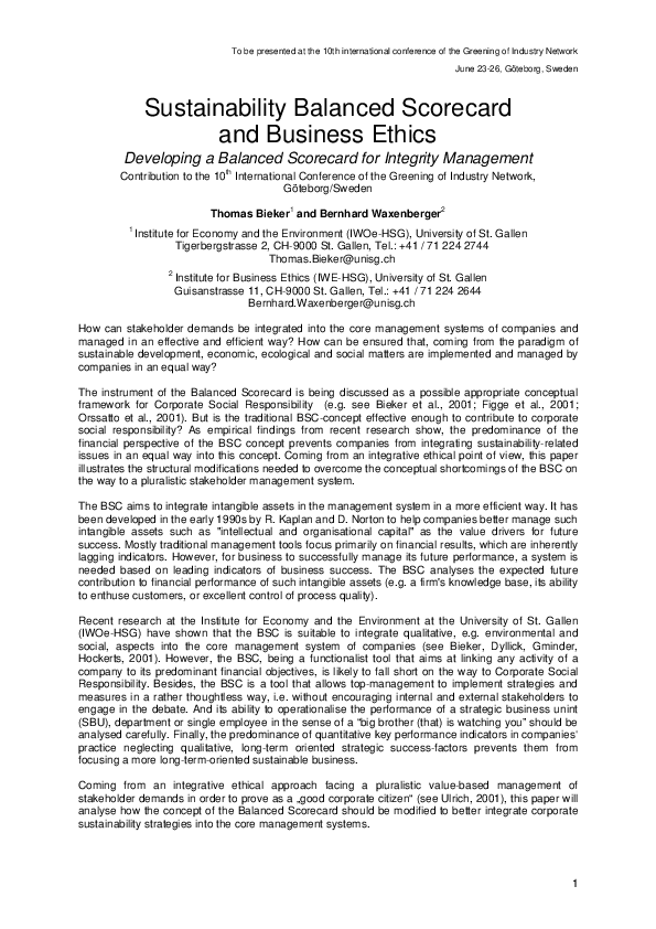 (PDF) Sustainability balanced scorecard and business ethics