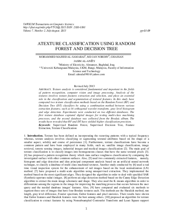 Pdf Texture Classification Rf Vs Decision Tree