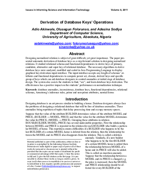(PDF) Derivation of Database Keys’ Operations