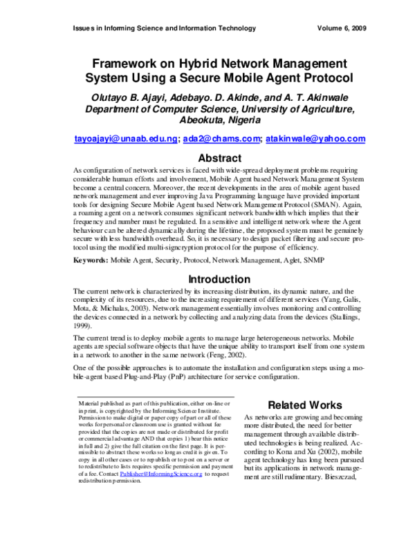 Pdf Framework On Hybrid Network Management System Using A Secure Mobile Agent Protocol Adio