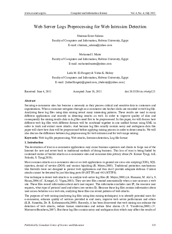 (PDF) Web Server Logs Preprocessing for Web Intrusion Detection