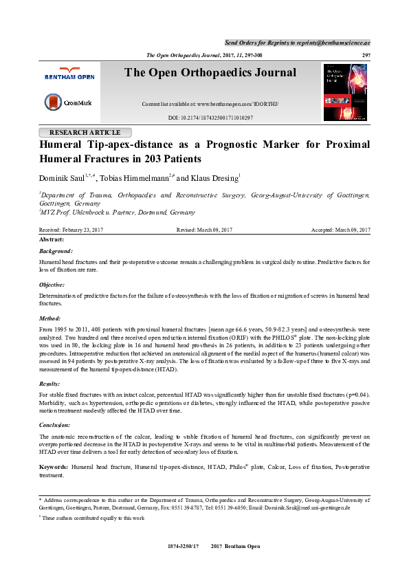 (PDF) Humeral Tip-apex-distance as a Prognostic Marker for Proximal ...