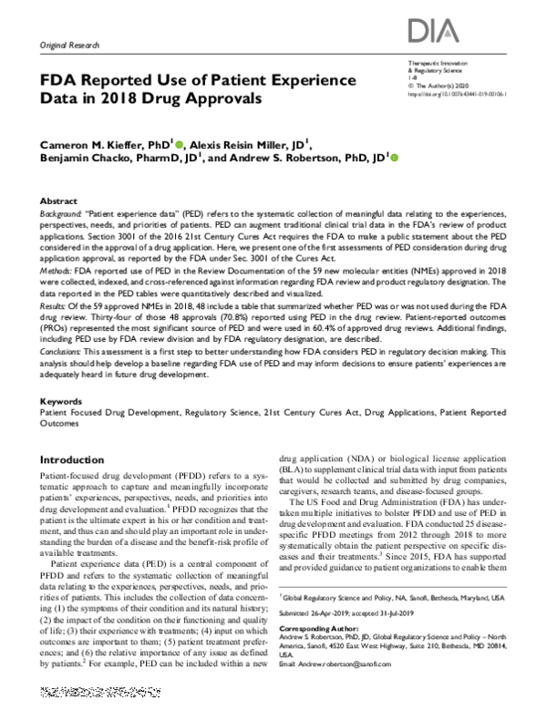 (PDF) FDA Reported Use of Patient Experience Data in 2018 Drug Approvals