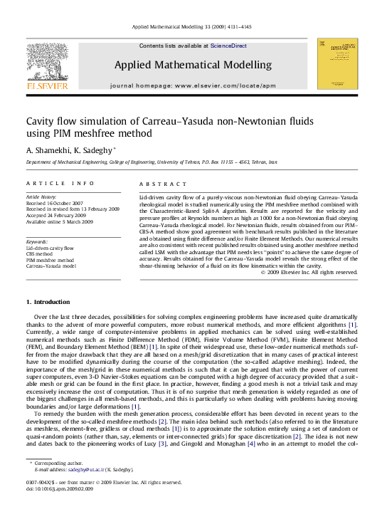 (PDF) Cavity flow simulation of Carreau–Yasuda non-Newtonian fluids using PIM meshfree method