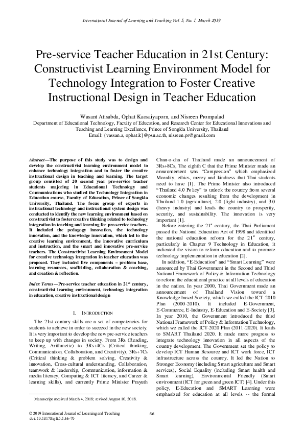(PDF) Pre-service Teacher Education in 21st Century: Constructivist Learning Environment Model ...