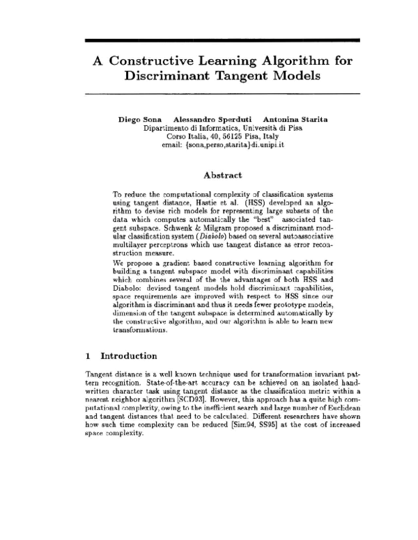 Pdf A Constructive Learning Algorithm For Discriminant Tangent Models