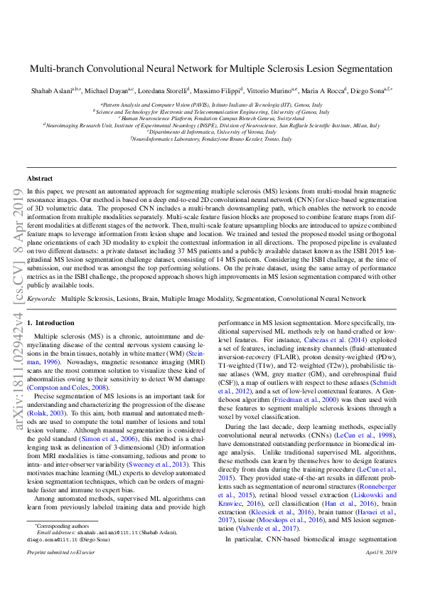 (PDF) Multi-branch convolutional neural network for multiple sclerosis lesion segmentation