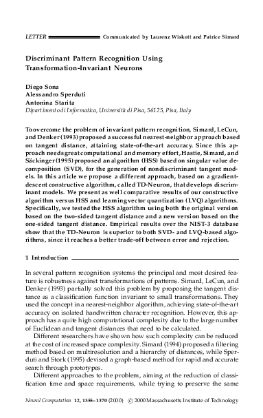 (PDF) Discriminant Pattern Recognition Using Transformation-Invariant Neurons | Diego Sona ...