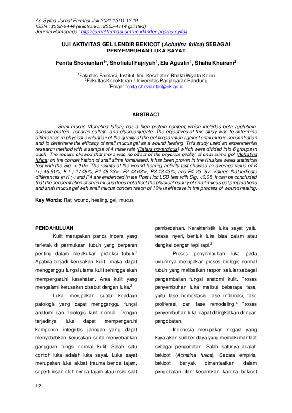 (PDF) Uji Aktivitas Gel Lendir Bekicot (Achatina Fulica) Sebagai ...