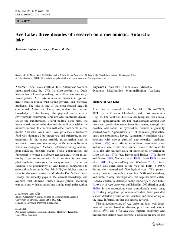 (PDF) Ace Lake: three decades of research on a meromictic, Antarctic lake