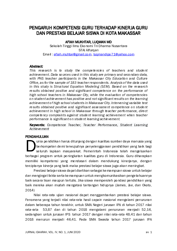 (PDF) Pengaruh Kompetensi Guru Terhadap Kinerja Guru Dan Prestasi Belajar Siswa DI Kota Makassar