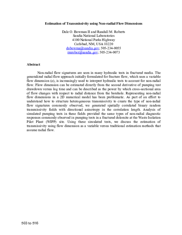(PDF) Estimation of Transmissivity using Non-radial Flow Dimensions