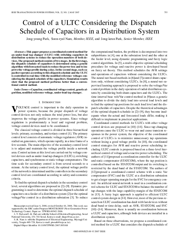(PDF) Control of a ULTC Considering the Dispatch Schedule of Capacitors in a Distribution System
