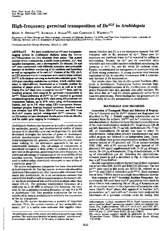 (PDF) High-frequency germinal transposition of DsALS in Arabidopsis