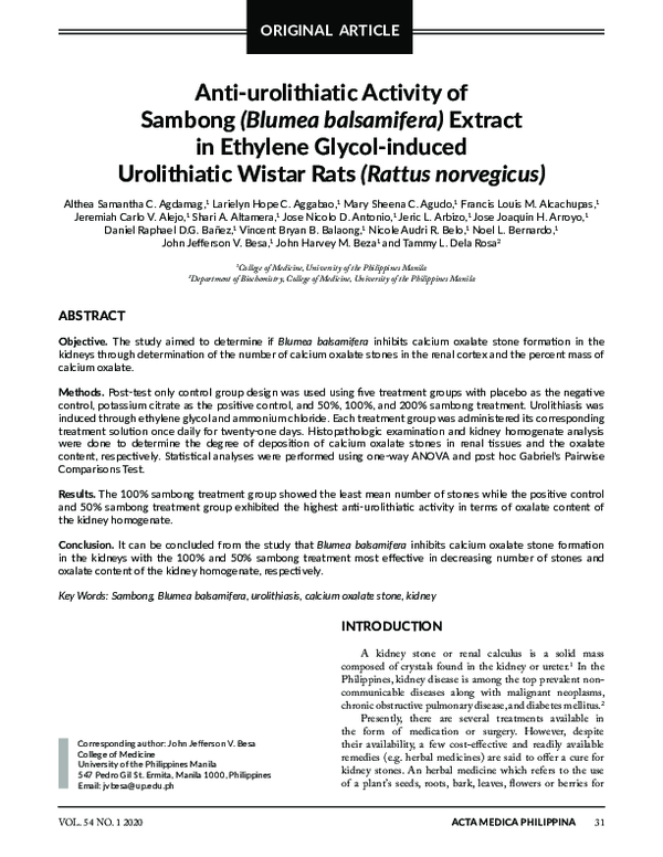(PDF) Anti-urolithiatic Activity of Sambong (Blumea balsamifera) Extract in Ethylene Glycol ...