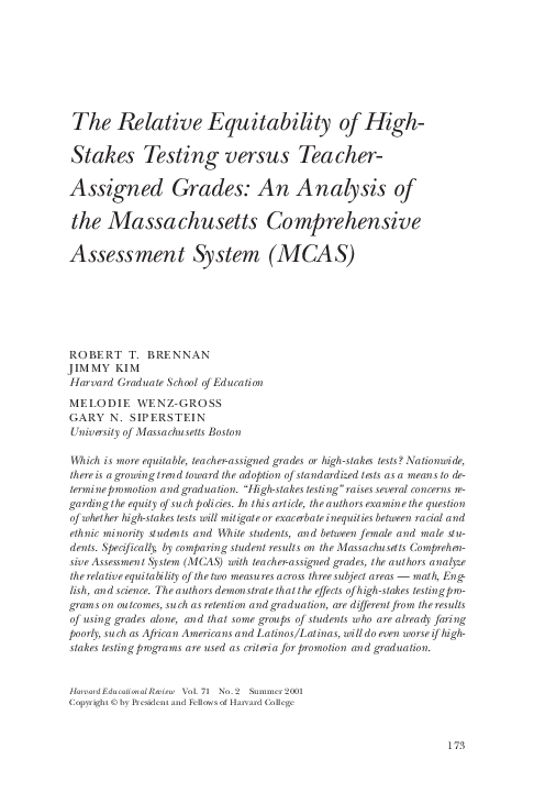 (PDF) The Relative Equitability of High-Stakes Testing versus Teacher ...