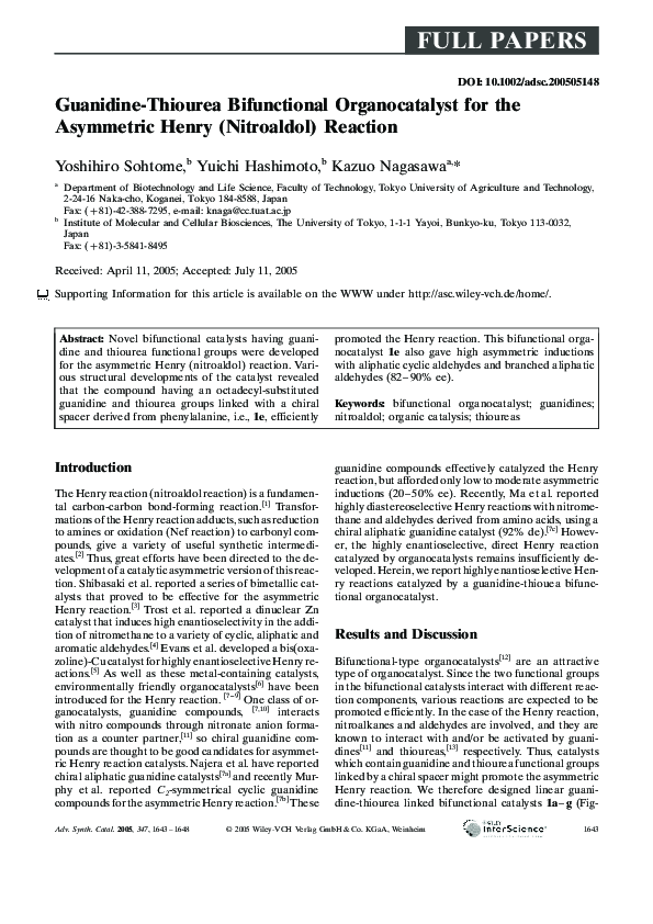(PDF) Guanidine-Thiourea Bifunctional Organocatalyst for the Asymmetric ...