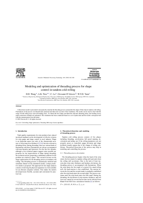 (PDF) Modeling and optimization of threading process for shape control in tandem cold rolling