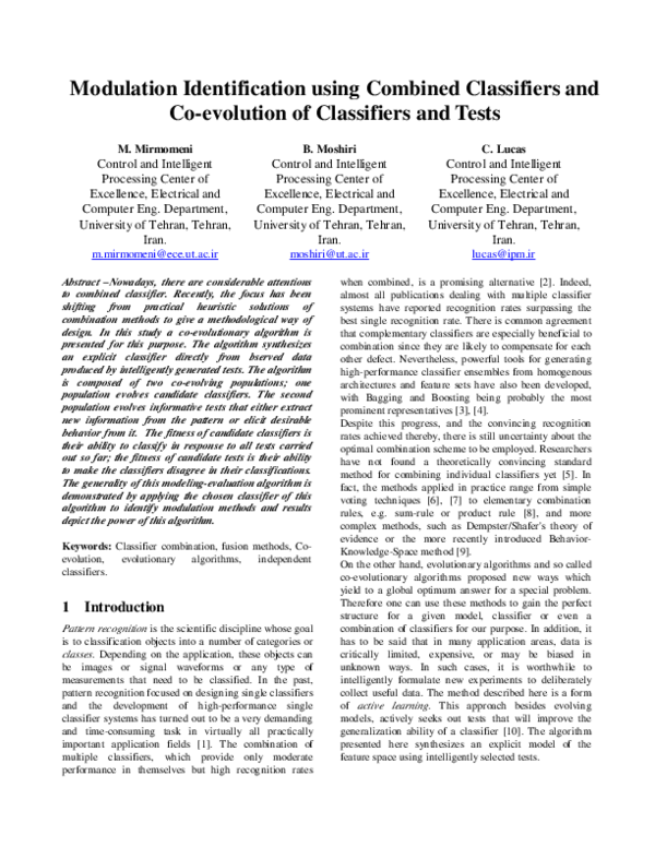 Pdf Modulation Identification Using Combined Classifiers And Co Evolution Of Classifiers And Tests