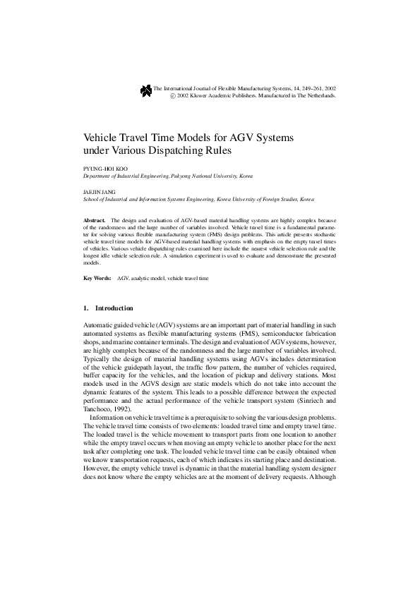 (PDF) Vehicle Travel Time Models for AGV Systems under Various Dispatching Rules
