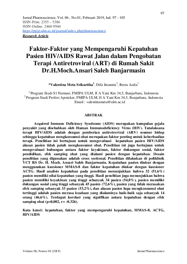 (PDF) Faktor-Faktor yang Mempengaruhi Kepatuhan Pasien HIV/AIDS Rawat ...