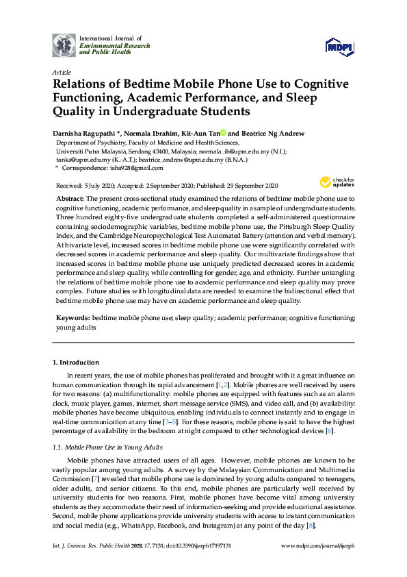 (PDF) Relations of Bedtime Mobile Phone Use to Cognitive Functioning ...
