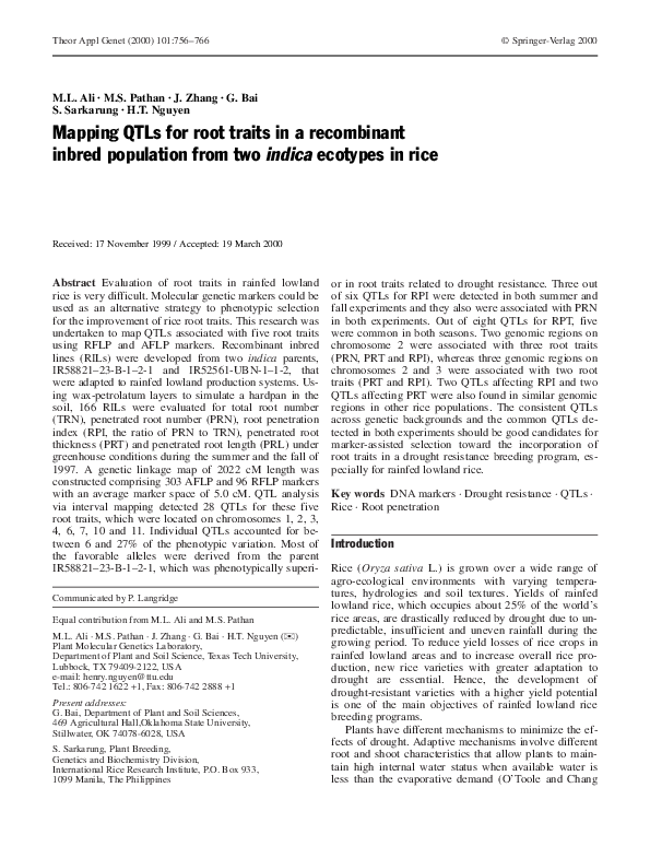 (PDF) Mapping QTLs for root traits in a recombinant inbred population from two indica ecotypes ...