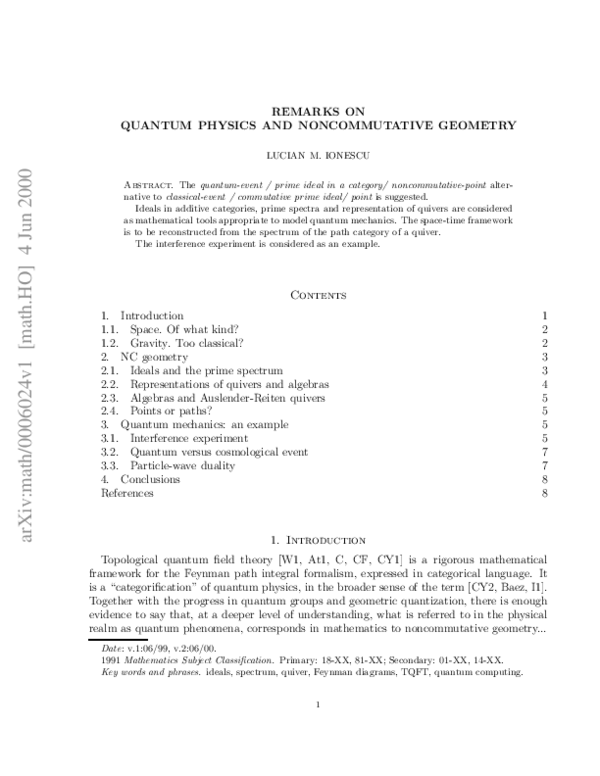 (PDF) Remarks on Quantum Physics and Noncommutative Geometry