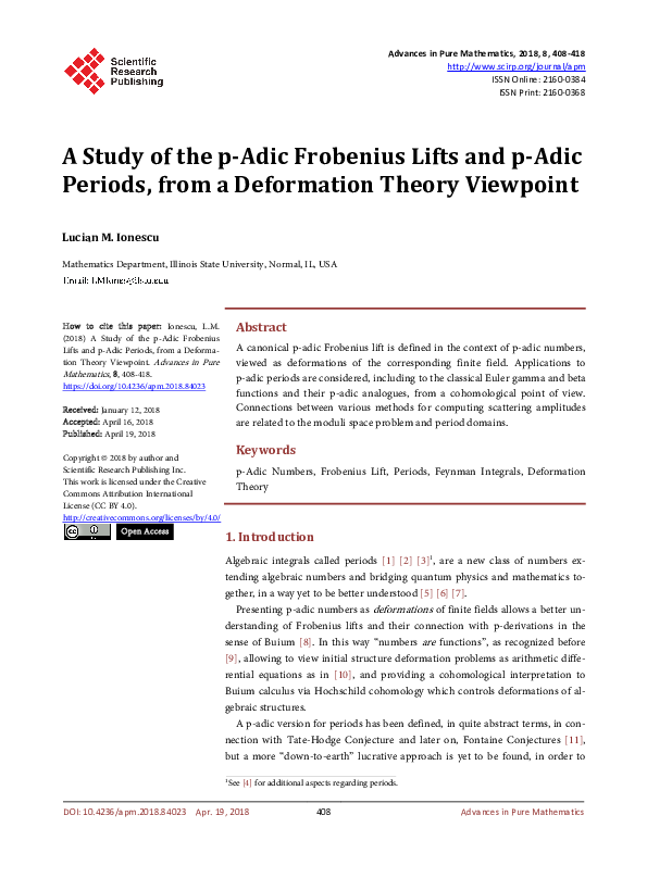 (PDF) A Study of the p-Adic Frobenius Lifts and p-Adic Periods, from a Deformation Theory Viewpoint