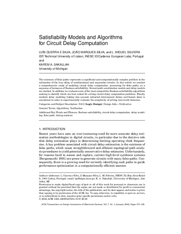 (PDF) Satisfiability Models and Algorithms for Circuit Delay