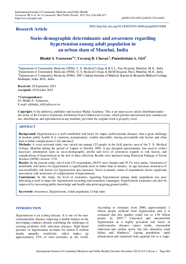 (PDF) Socio-demographic determinants and awareness regarding hypertension among adult population ...