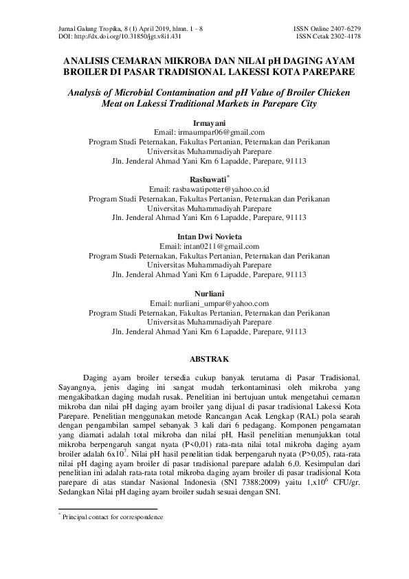 (PDF) ANALISIS CEMARAN MIKROBA DAN NILAI pH DAGING AYAM BROILER DI ...