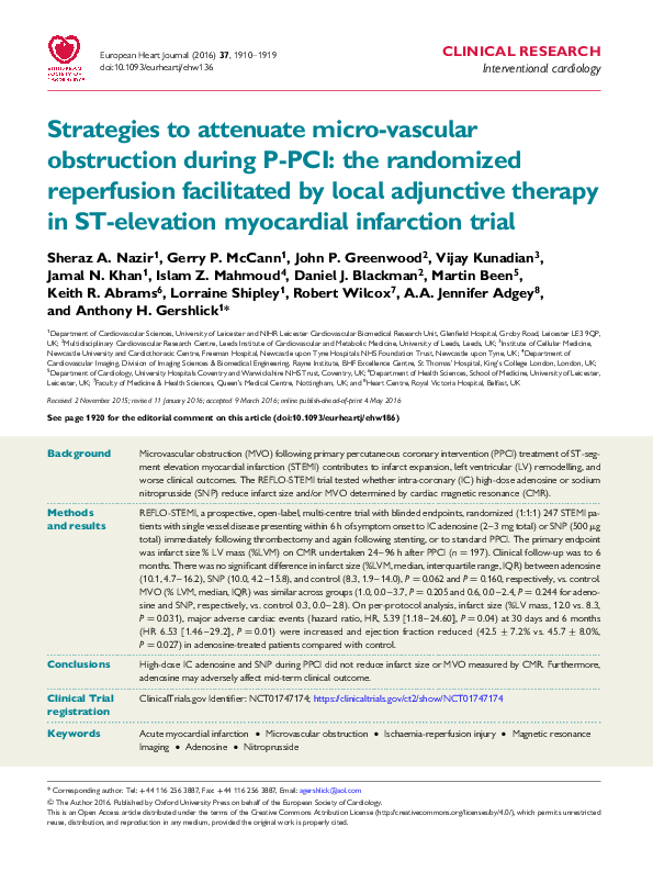 (PDF) Strategies to attenuate micro-vascular obstruction during P-PCI: the randomized ...