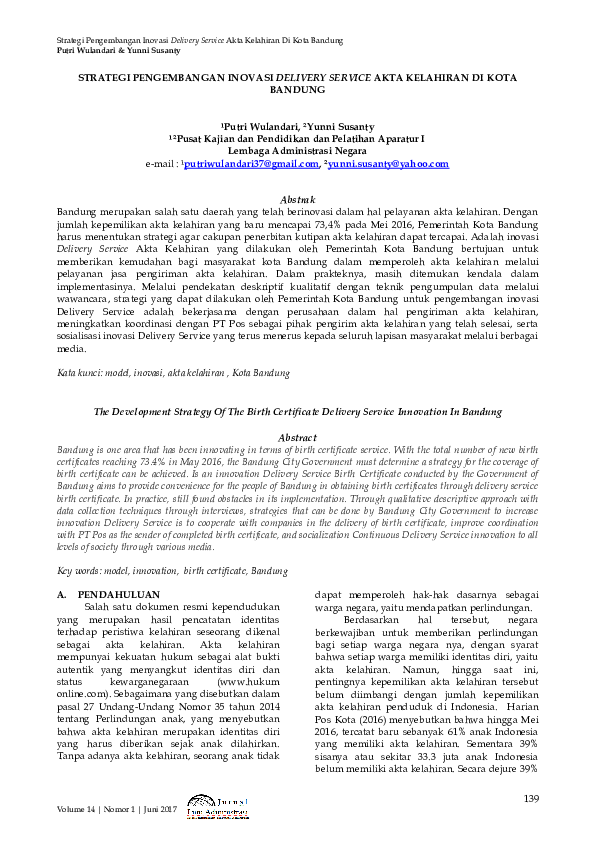 (PDF) Pengembangan Model Inovasi Delivery Service Akta Kelahiran DI ...