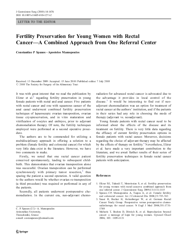 (PDF) Fertility Preservation for Young Women with Rectal Cancer—A ...