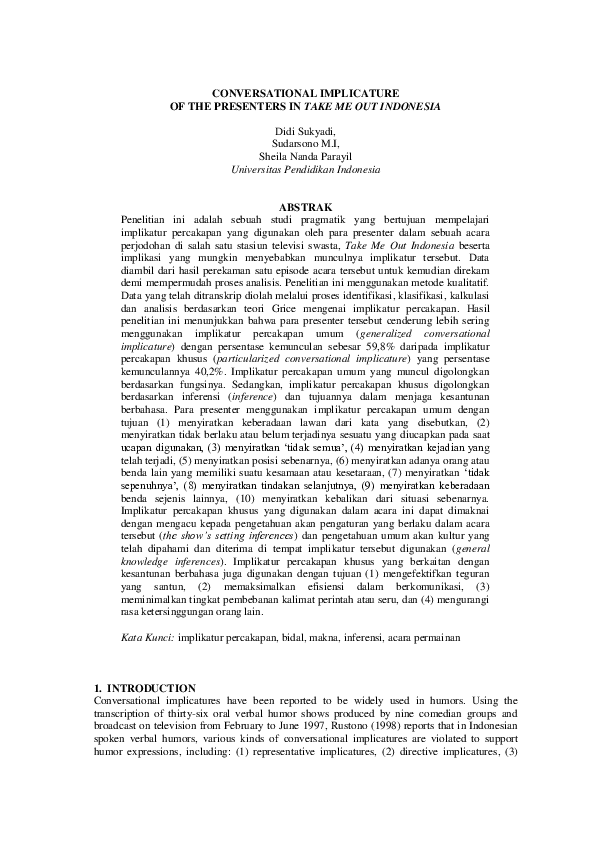 (PDF) Conversational Implicature of the Presenters in Take Me Out Indonesia