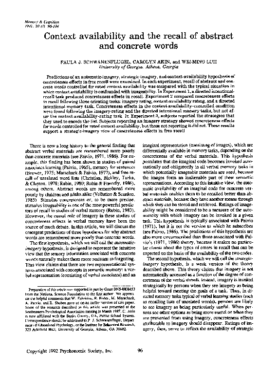 (PDF) Context availability and the recall of abstract and concrete words