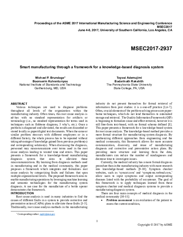 (PDF) Smart Manufacturing Through a Framework for a Knowledge-Based Diagnosis System | Toyosi ...
