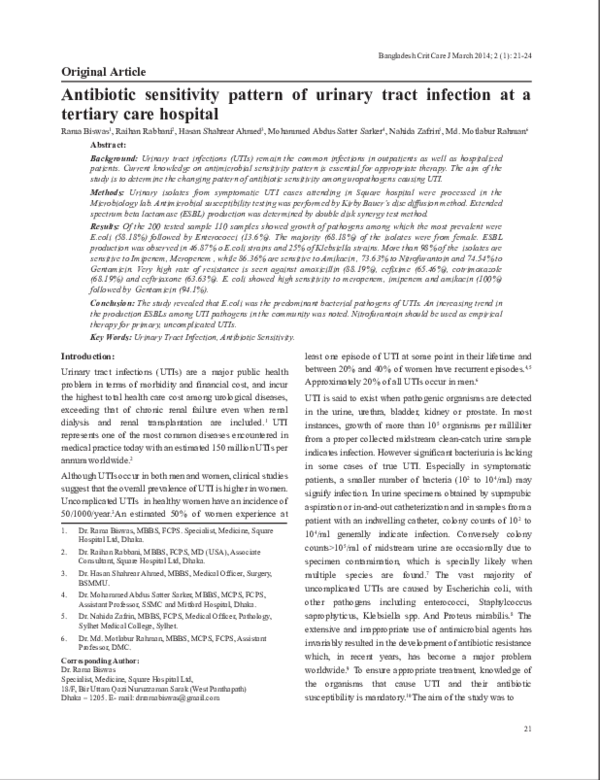 (PDF) Antibiotic sensitivity pattern of urinary tract infection at a tertiary care hospital