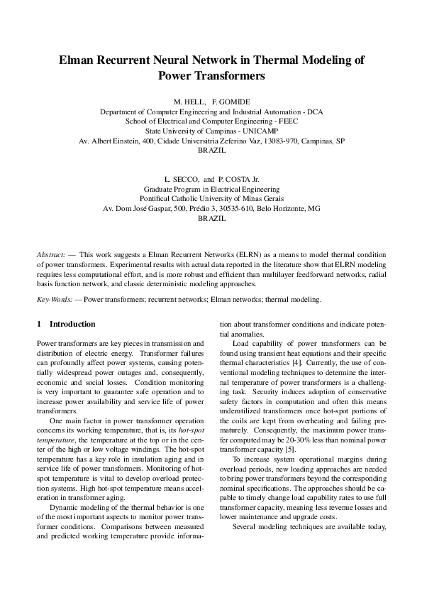 (PDF) Elman Recurrent Neural Network in Thermal Modeling of Power Transformers