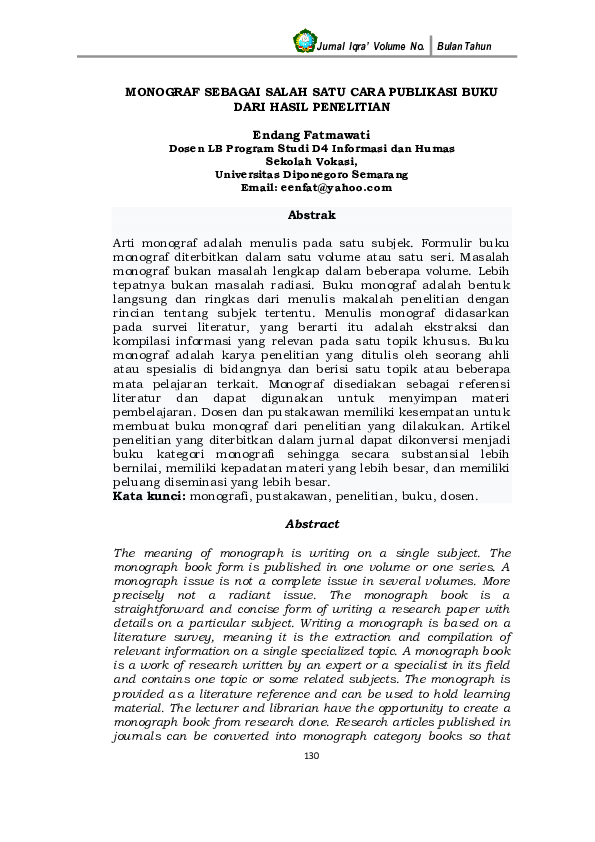 (PDF) Monograf Sebagai Salah Satu Cara Publikasi Buku Dari Hasil Penelitian