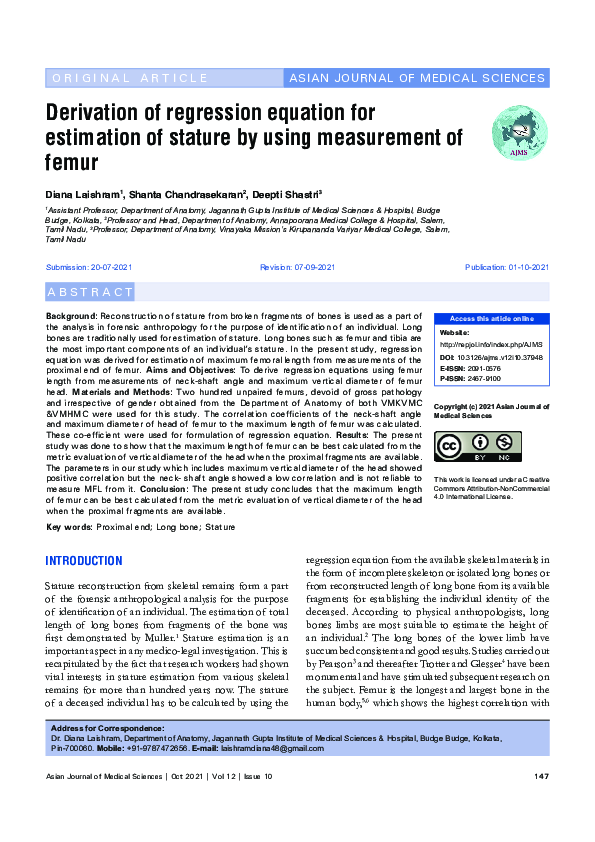 Pdf Derivation Of Regression Equation For Estimation Of Stature By