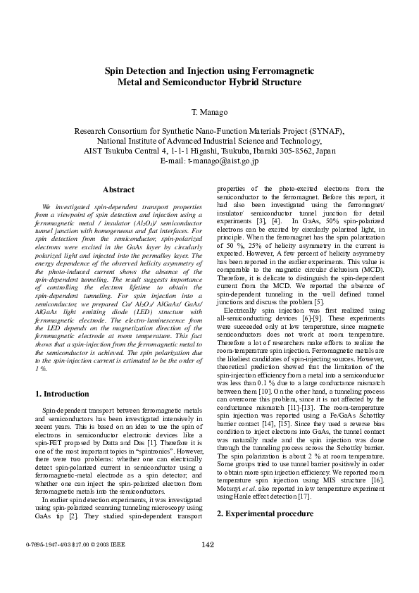 Pdf Spin Detection And Injection Using Ferromagnetic Metal And Semiconductor Hybrid Structure