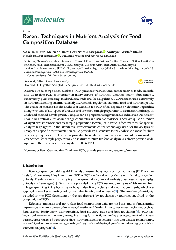 (PDF) Recent Techniques in Nutrient Analysis for Food Composition Database