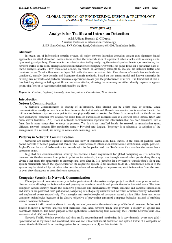 (PDF) Analysis for Traffic and Intrusion Detection