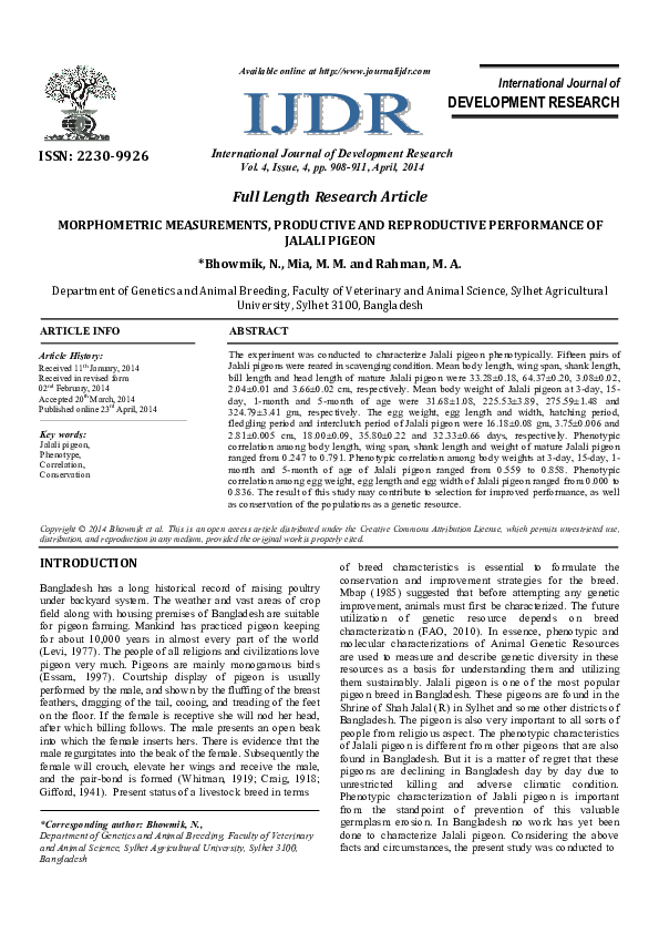(PDF) Morphometric Measurements, Productive and Reproductive Performance of Jalali Pigeon