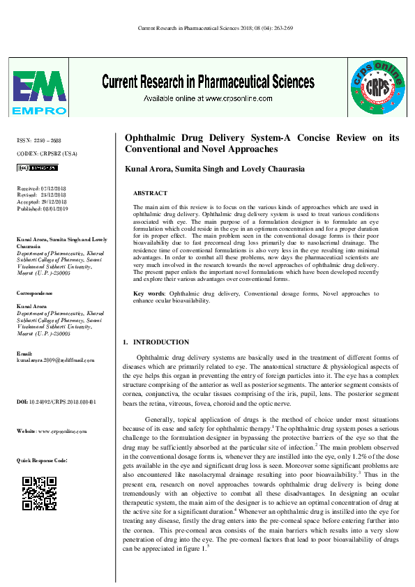 (PDF) Ophthalmic Drug Delivery System-A Concise Review on its Conventional and Novel Approaches
