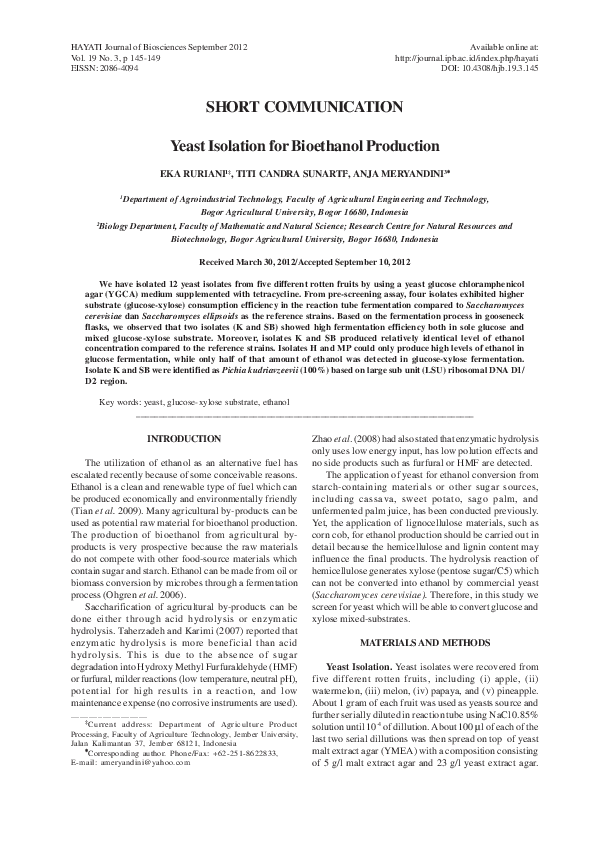 (PDF) Yeast Isolation for Bioethanol Production