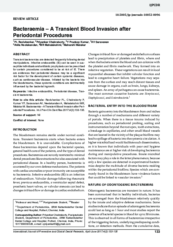 (PDF) Bacteraemia – A Transient Blood Invasion after Periodontal Procedures